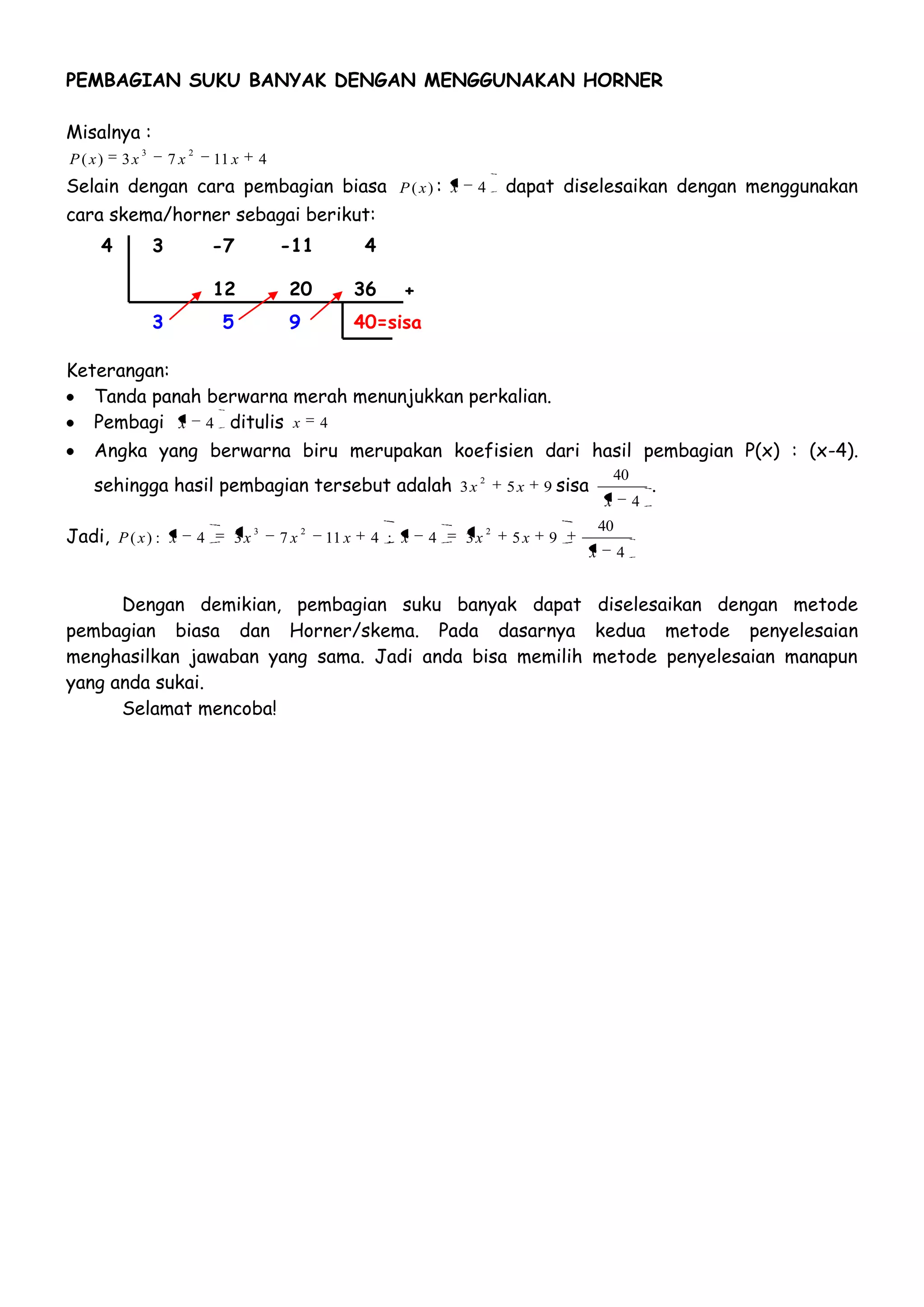 Pembagian Suku Banyak dengan Menggunakan Horner | DOCX