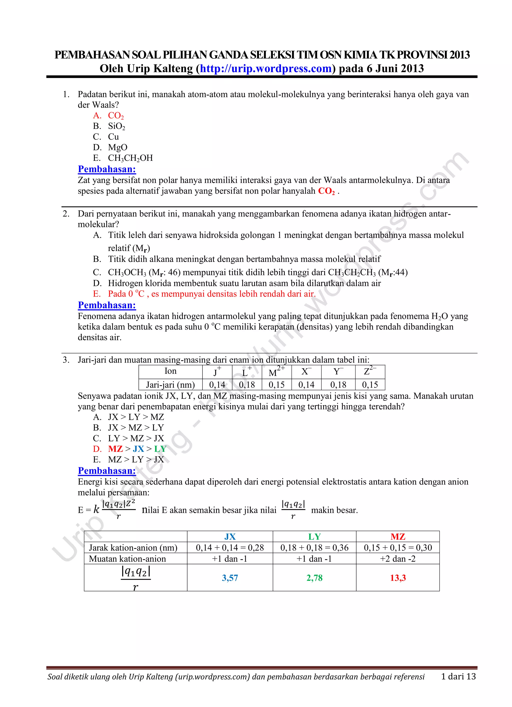 Pembahasan soal-pilihan-ganda-osn-kimia-tingkat-provinsi-2013 | PDF