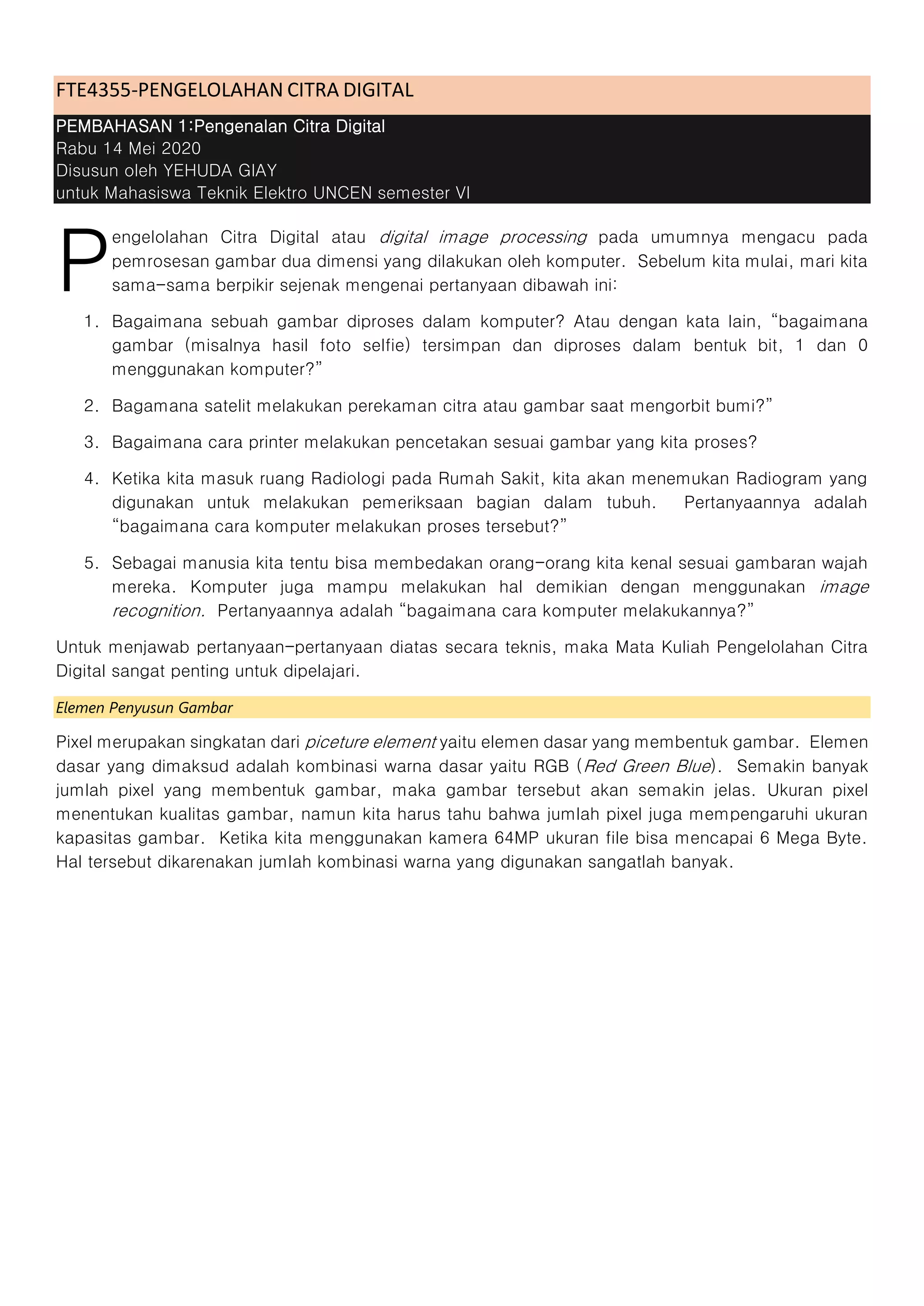 Pembahasan 1-Pengenalan Pemrosesan Citra Digital | PDF