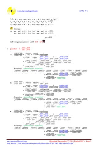 Pembahasan olimpiade matematika its 2011 tingkat smp babak penyisihan (bagian i pilihan ganda ...