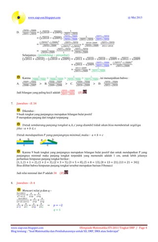 Pembahasan olimpiade matematika its 2011 tingkat smp babak penyisihan (bagian i pilihan ganda ...