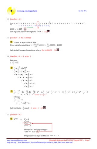 Pembahasan olimpiade matematika its 2011 tingkat smp babak penyisihan (bagian i pilihan ganda ...