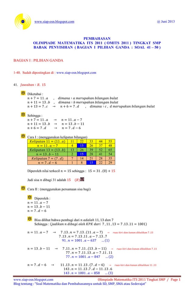 Pembahasan olimpiade matematika its 2011 tingkat smp babak penyisihan (bagian i pilihan ganda ...