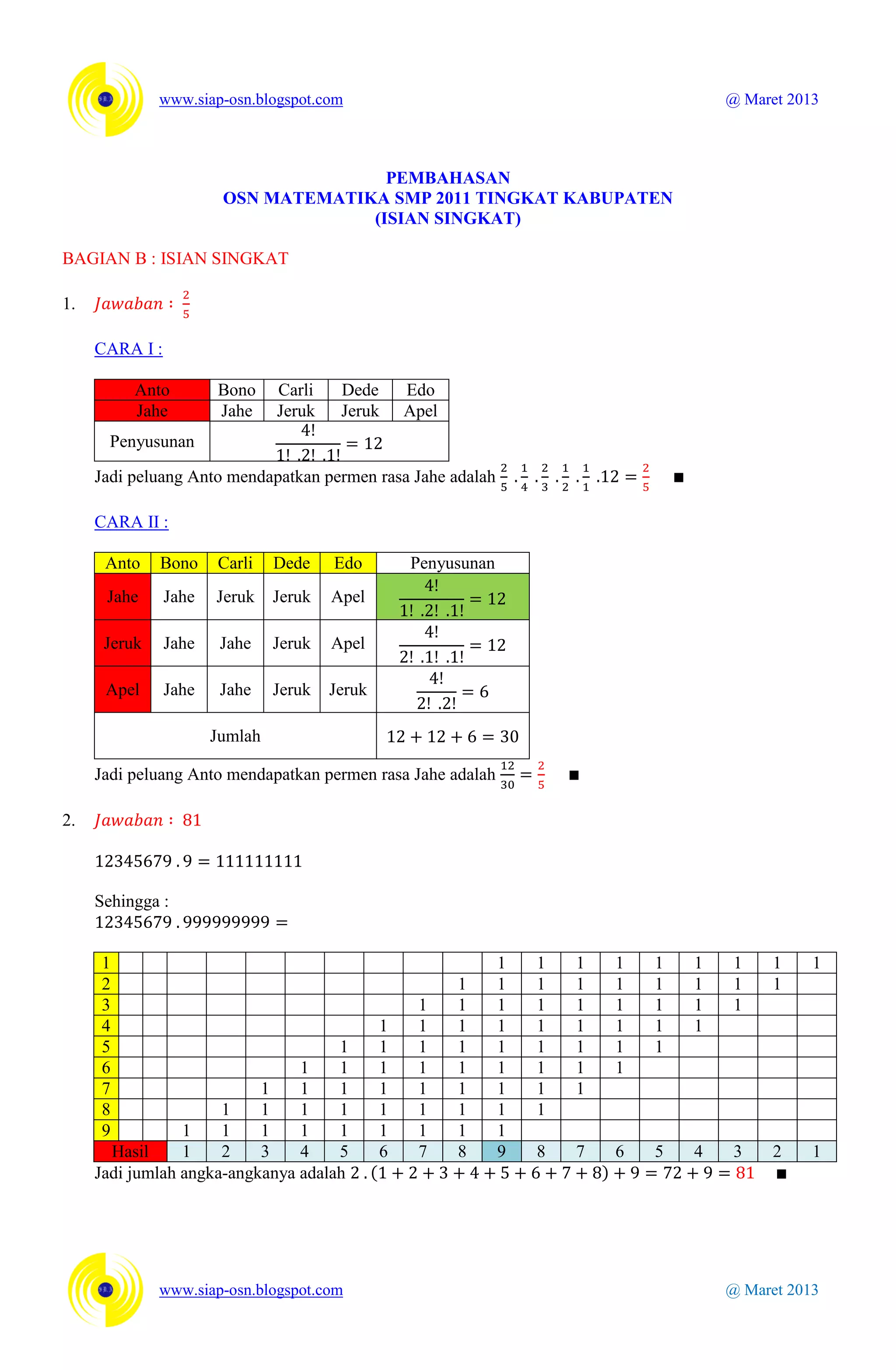 Pembahasan osn matematika 2011 isian singkat tingkat kabupaten | PDF