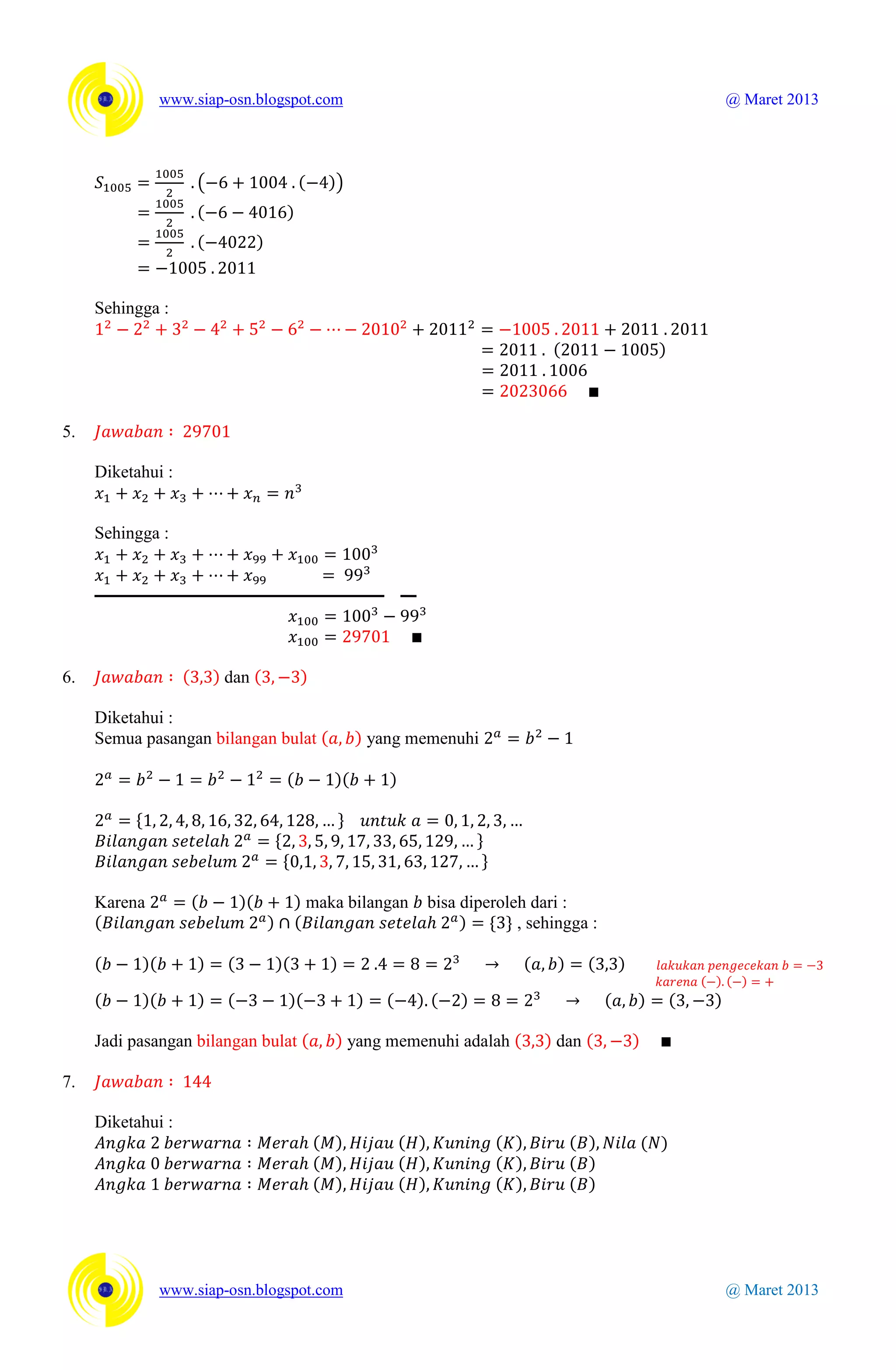Pembahasan osn matematika 2011 isian singkat tingkat kabupaten | PDF