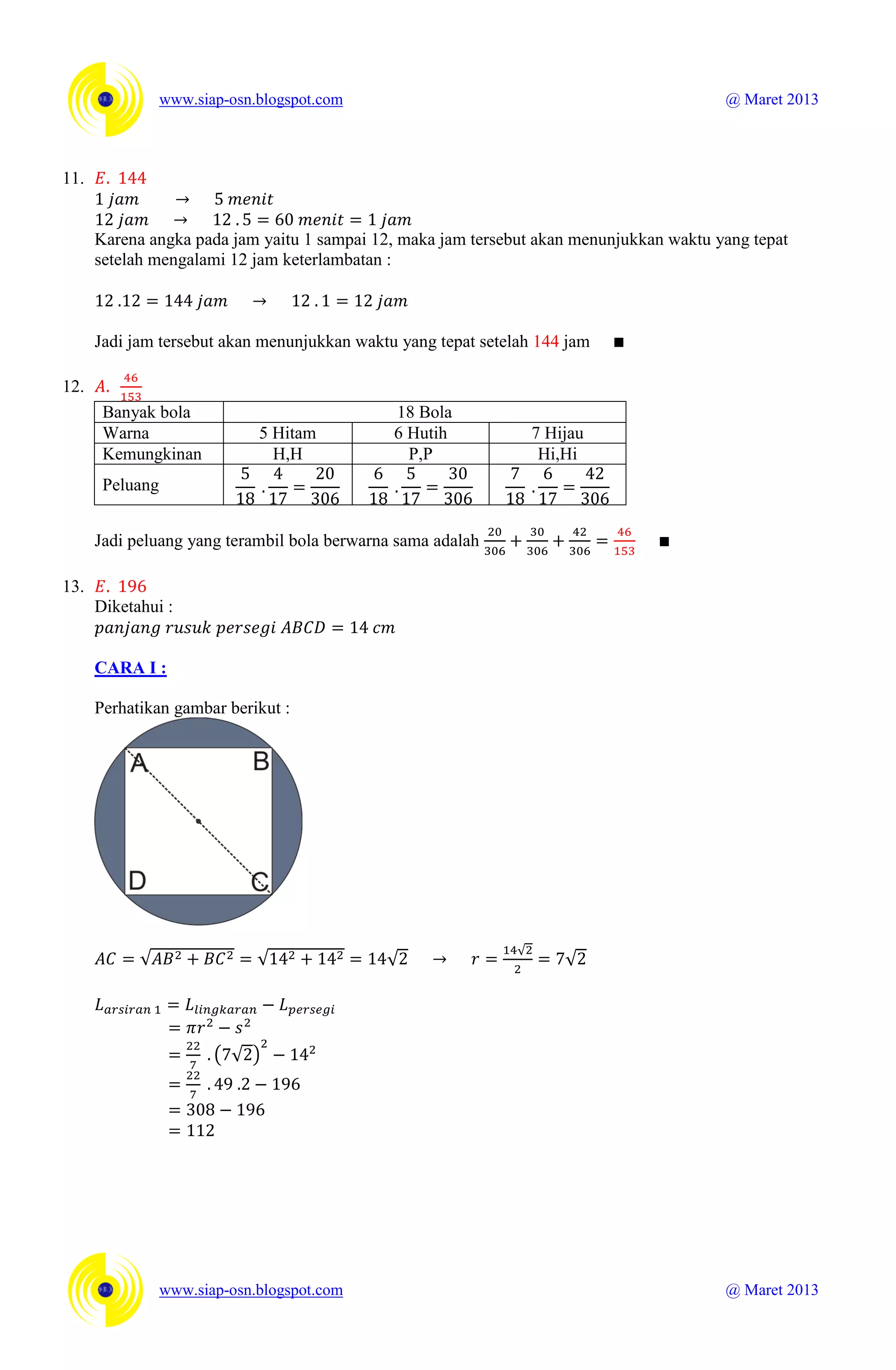 Pembahasan osn matematika 2011 pilihan ganda tingkat kabupaten | PDF