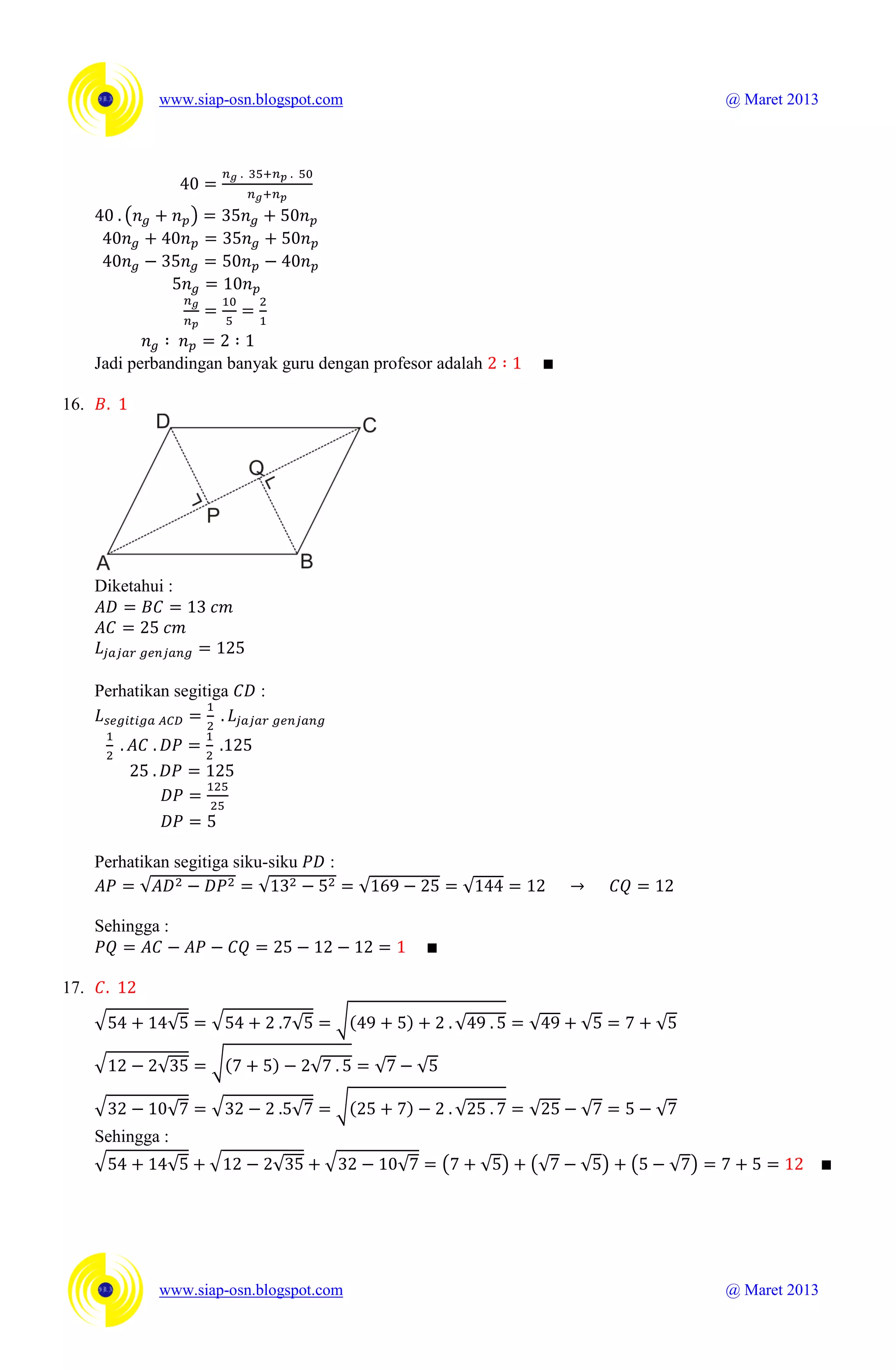 Pembahasan osn matematika 2011 pilihan ganda tingkat kabupaten | PDF