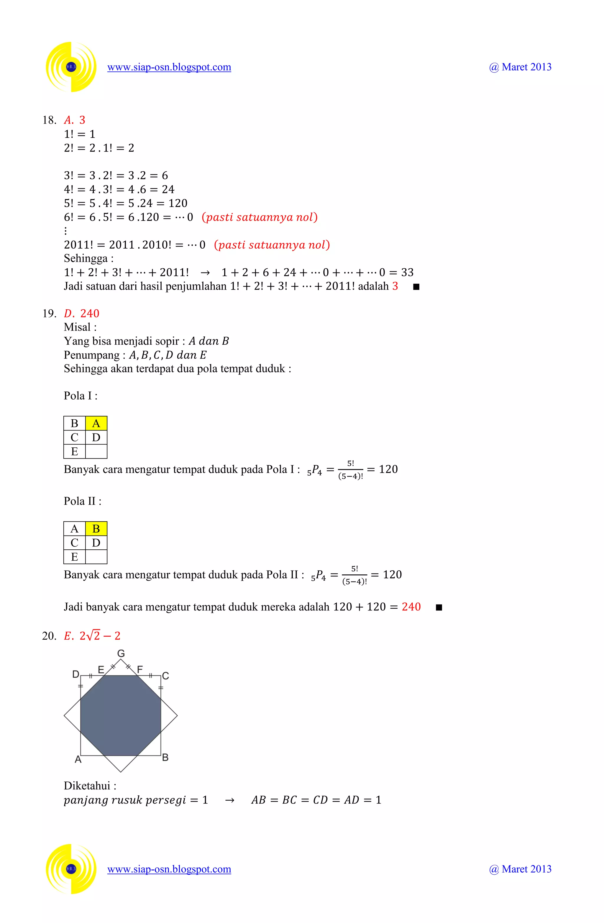 Pembahasan osn matematika 2011 pilihan ganda tingkat kabupaten | PDF