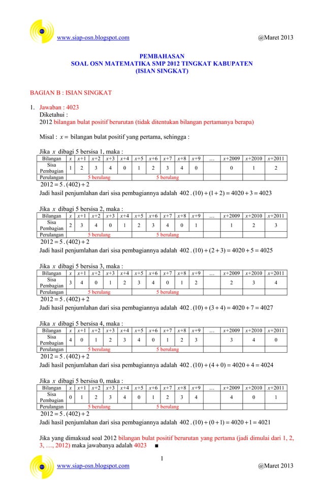 Pembahasan osn matematika smp 2012 isian singkat tingkat kabupaten | PDF