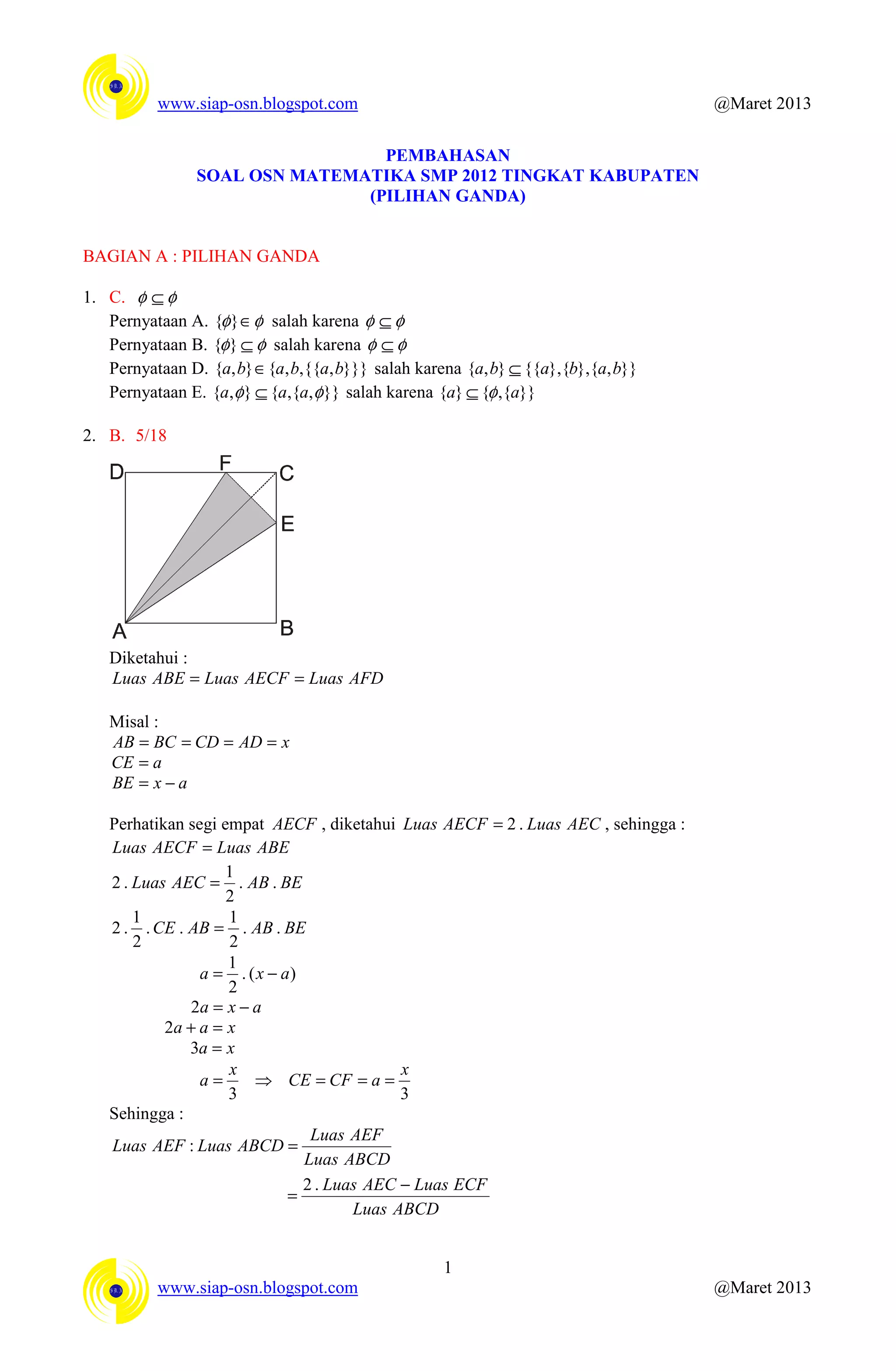 Pembahasan osn matematika smp 2012 pilihan ganda tingkat kabupaten | PDF