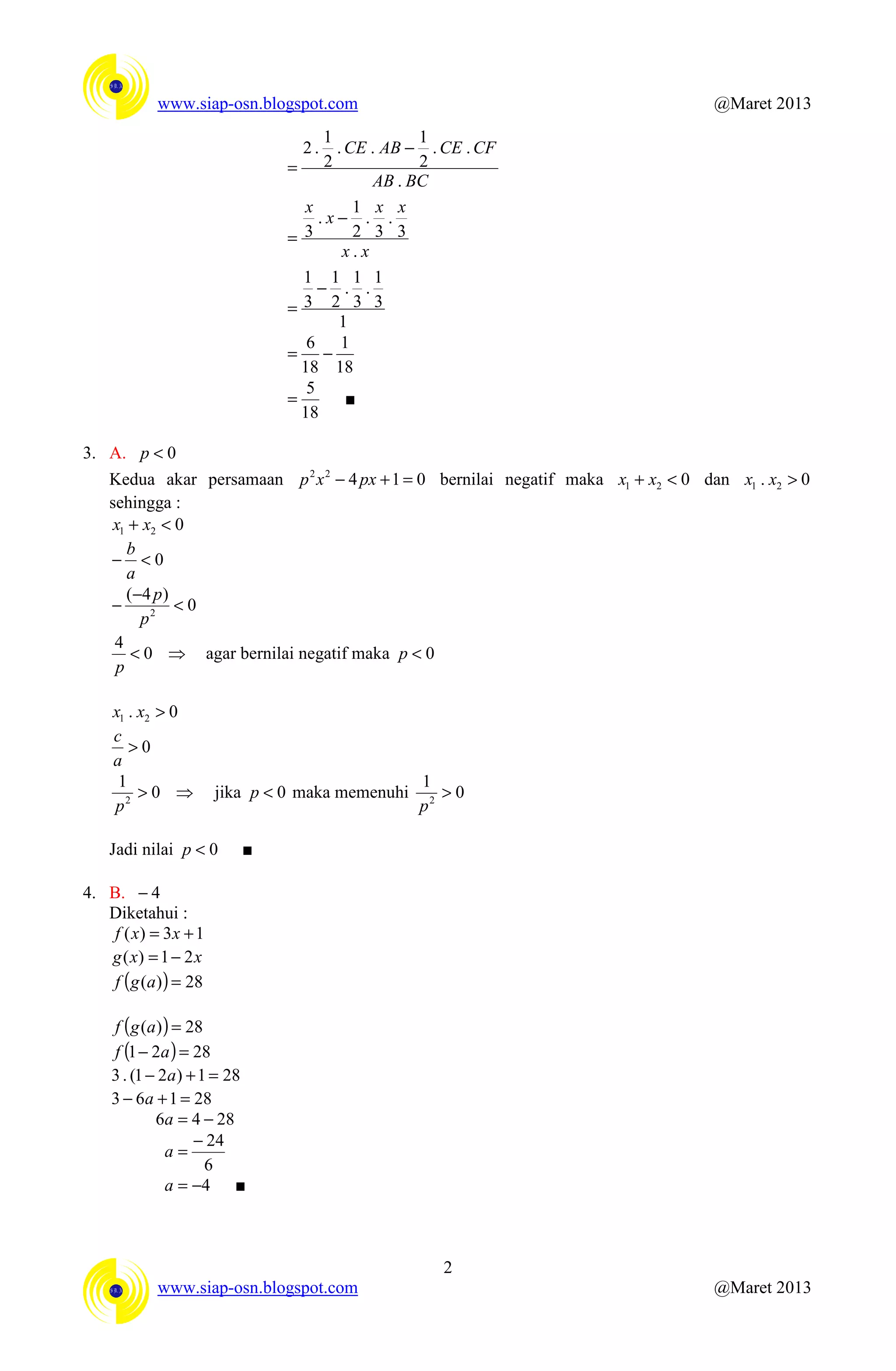 Pembahasan osn matematika smp 2012 pilihan ganda tingkat kabupaten | PDF