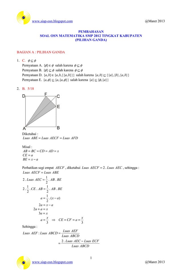 Pembahasan osn matematika smp 2012 pilihan ganda tingkat kabupaten | PDF