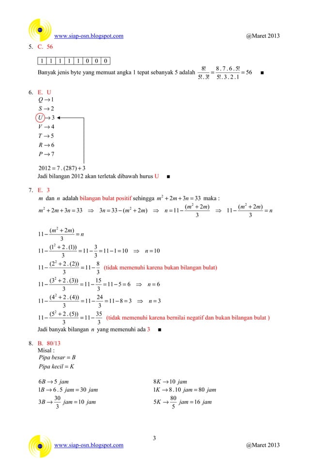 Pembahasan osn matematika smp 2012 pilihan ganda tingkat kabupaten | PDF
