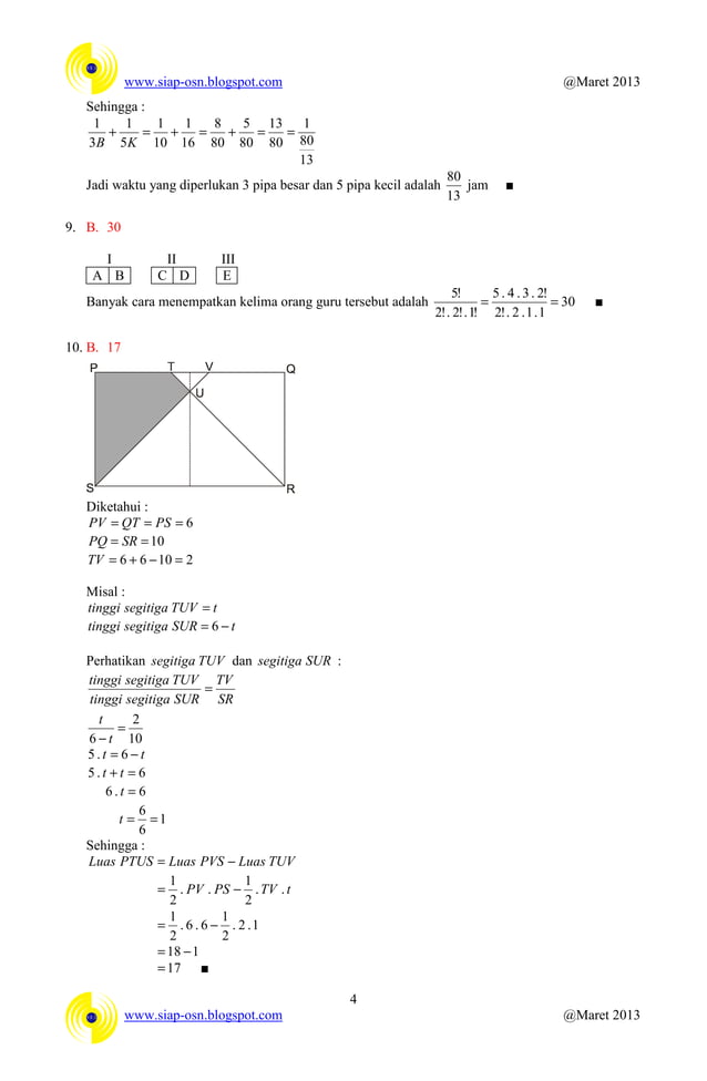 Pembahasan osn matematika smp 2012 pilihan ganda tingkat kabupaten | PDF