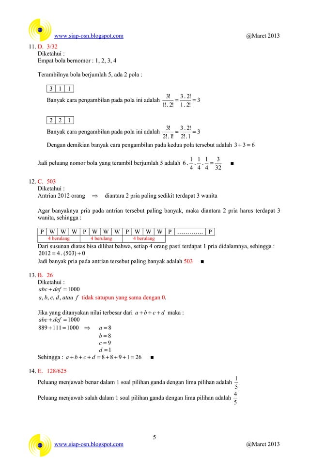 Pembahasan osn matematika smp 2012 pilihan ganda tingkat kabupaten | PDF