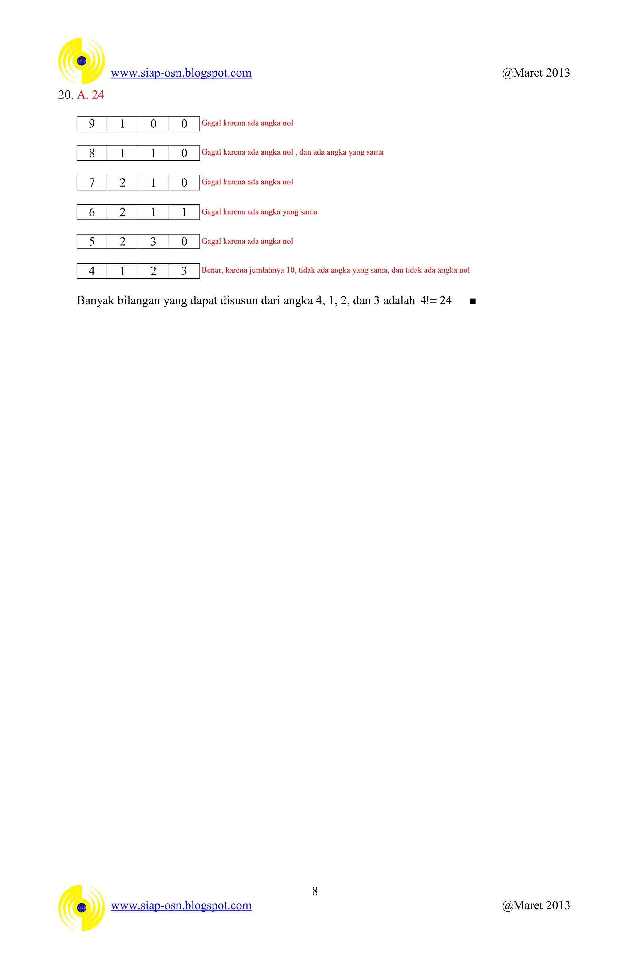 Pembahasan osn matematika smp 2013 pilihan ganda tingkat kabupaten | PDF