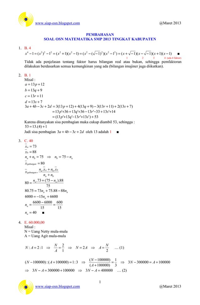Pembahasan osn matematika smp 2013 pilihan ganda tingkat kabupaten | PDF