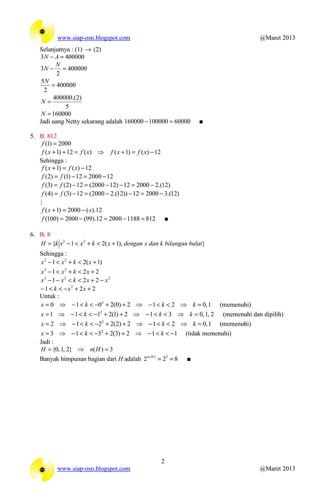 Pembahasan osn matematika smp 2013 pilihan ganda tingkat kabupaten | PDF