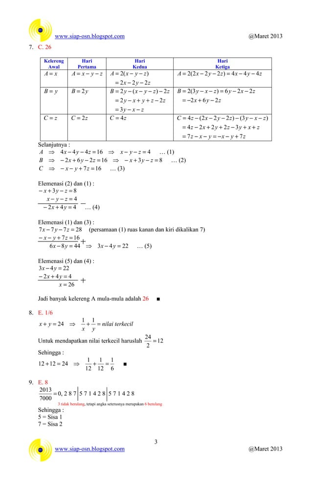 Pembahasan osn matematika smp 2013 pilihan ganda tingkat kabupaten | PDF