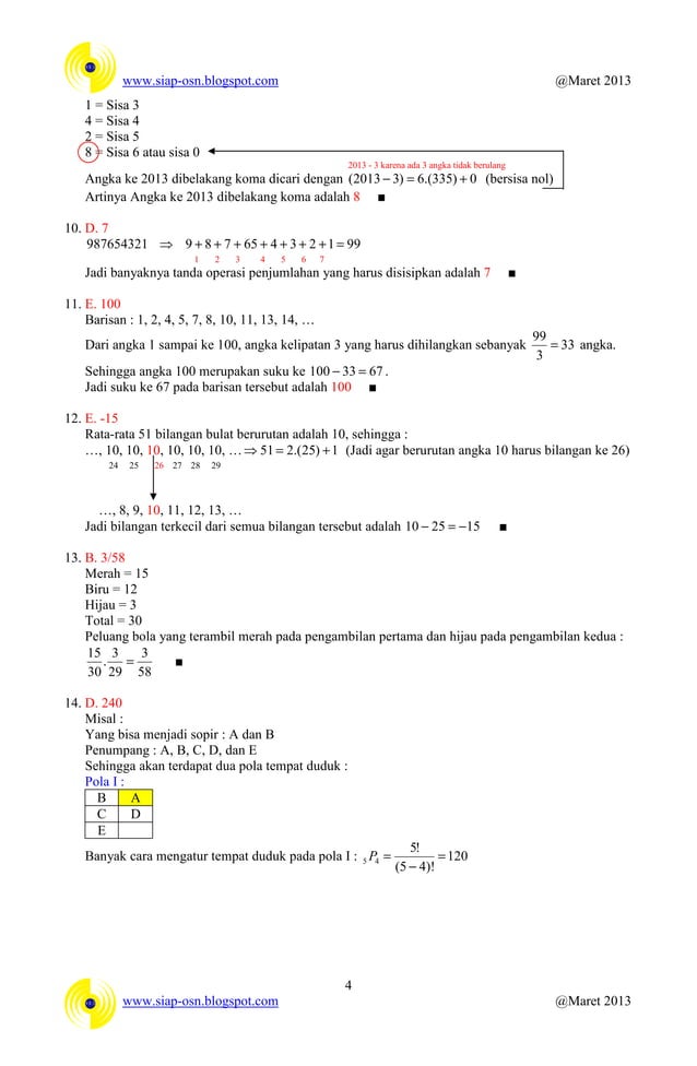 Pembahasan osn matematika smp 2013 pilihan ganda tingkat kabupaten | PDF
