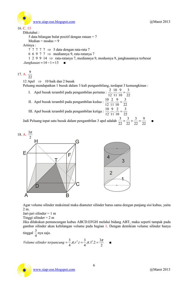 Pembahasan osn matematika smp 2013 pilihan ganda tingkat kabupaten | PDF