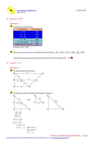 Pembahasan osn matematika smp 2014 tingkat kabupaten (bagian a pilihan ganda) 2 | PDF