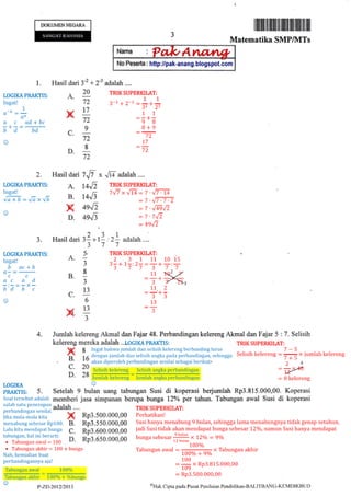 Pembahasan soal un matematika smp 2013 paket 1 | PDF