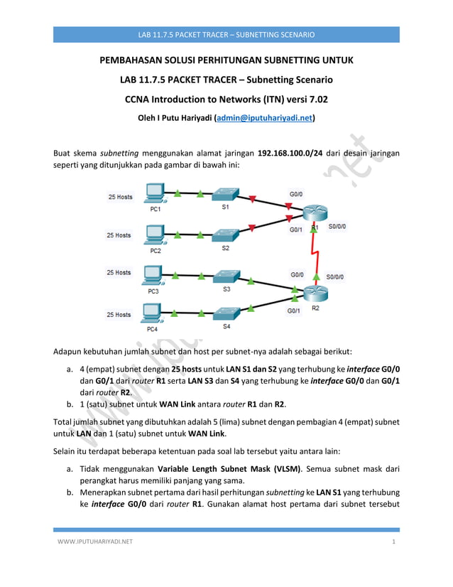 Pembahasan Solusi Perhitungan Subnetting untuk Lab 11.7.5 Packet Tracer - Subnetting Scenario | PDF