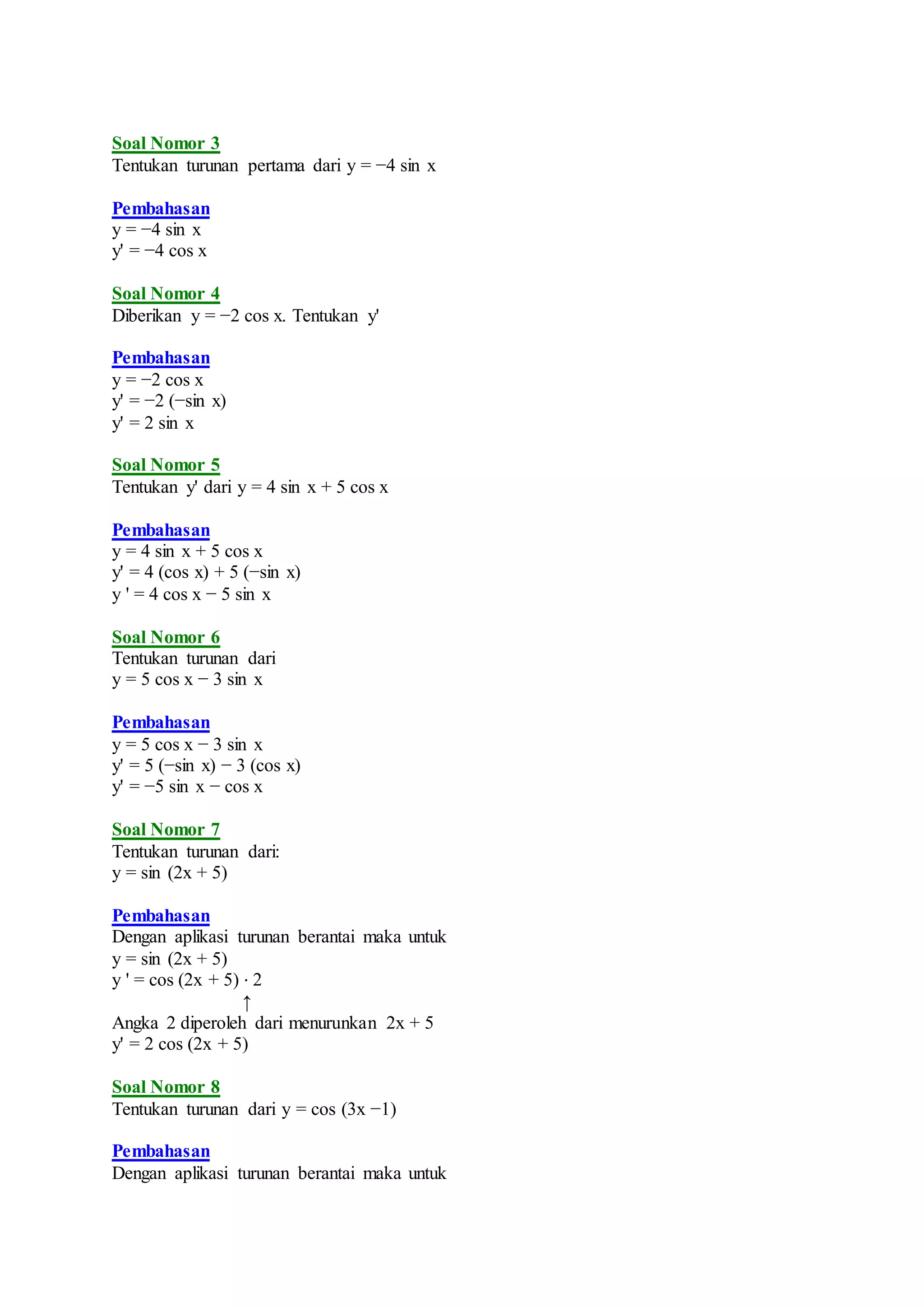 Pembahasan turunan untuk fungsi trigonometri | PDF
