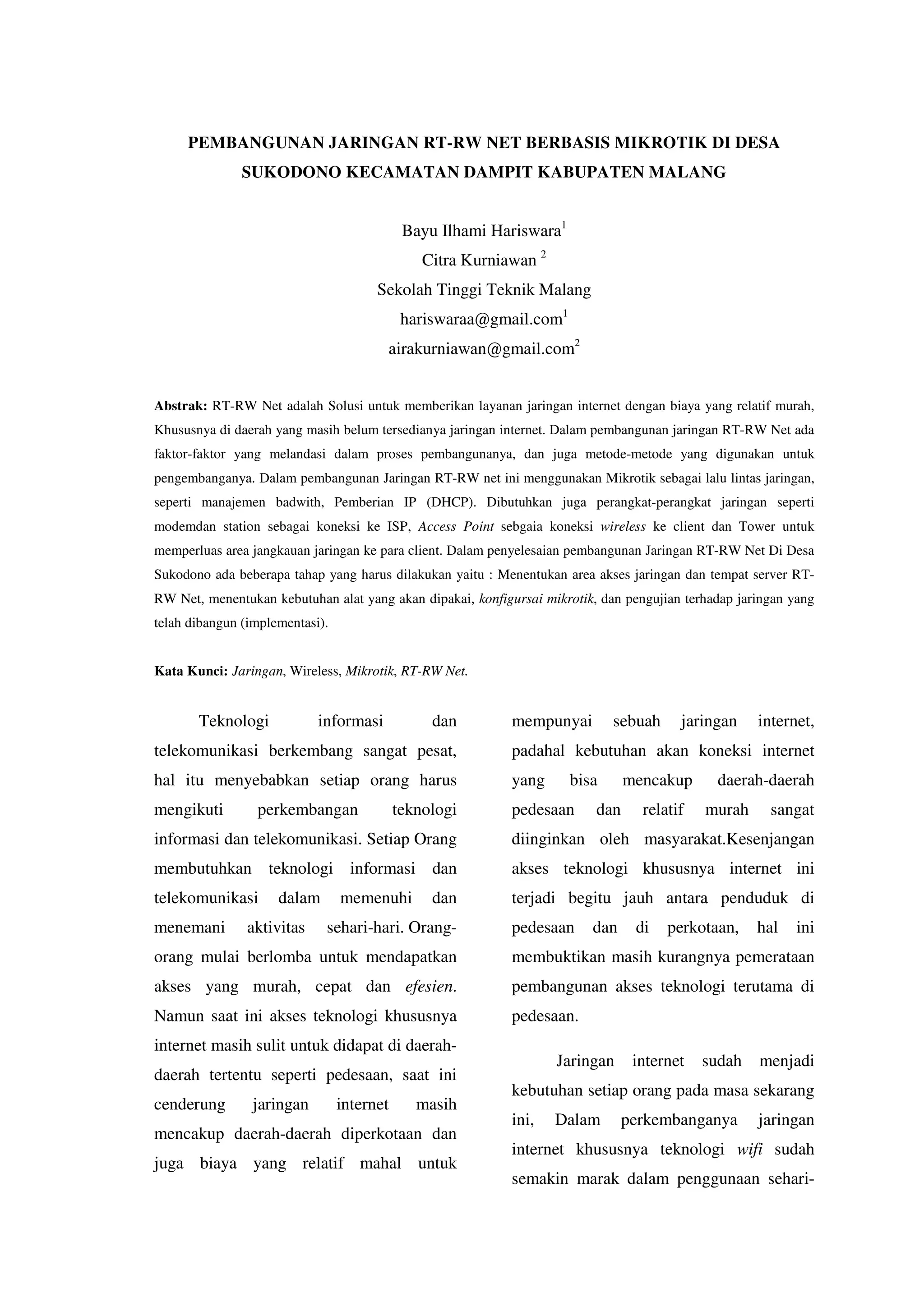PEMBANGUNAN JARINGAN RT-RW NET BERBASIS MIKROTIK DI DESA SUKODONO KECAMATAN DAMPIT KABUPATEN ...