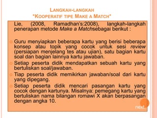 PEMBELAJARAN MATEMATIKA DENGAN MODEL PEMBELAJARAN KOOPERATIF TIPE MAKE A MATCH | PPT