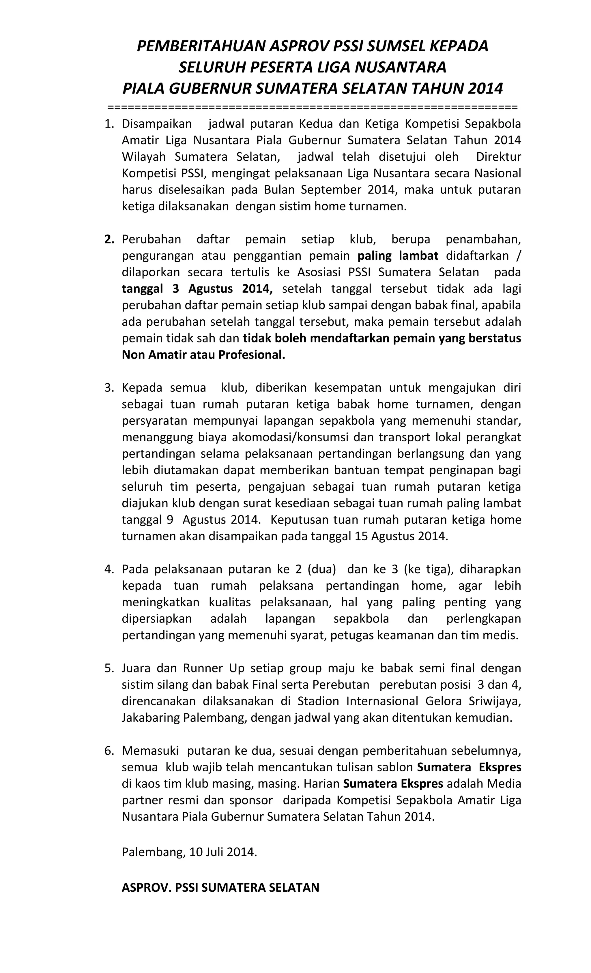 Pemberitahuan asprov pssi sumsel linus | DOCX