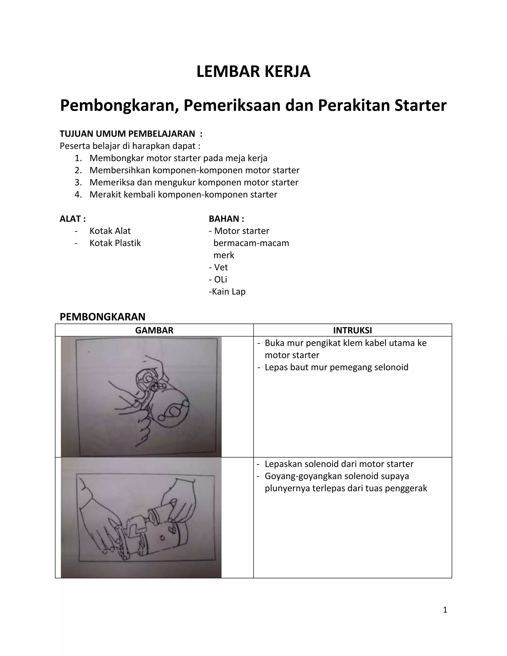 Job Sheet Pembongkaran, pemeriksaan dan perakitan starter | DOCX