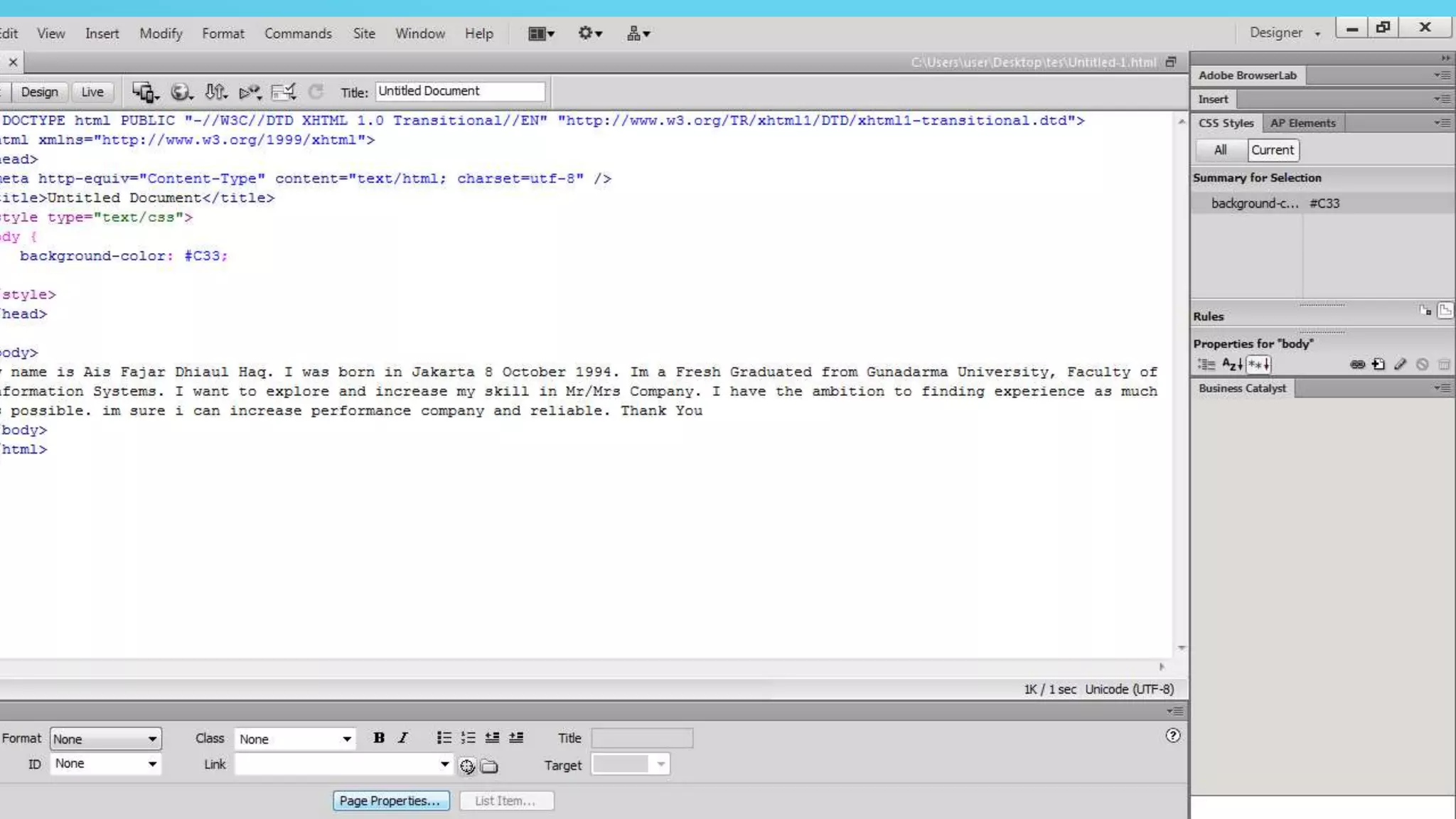 Pembuatan cv dengan menggunakan html dreamweaver | PPTX