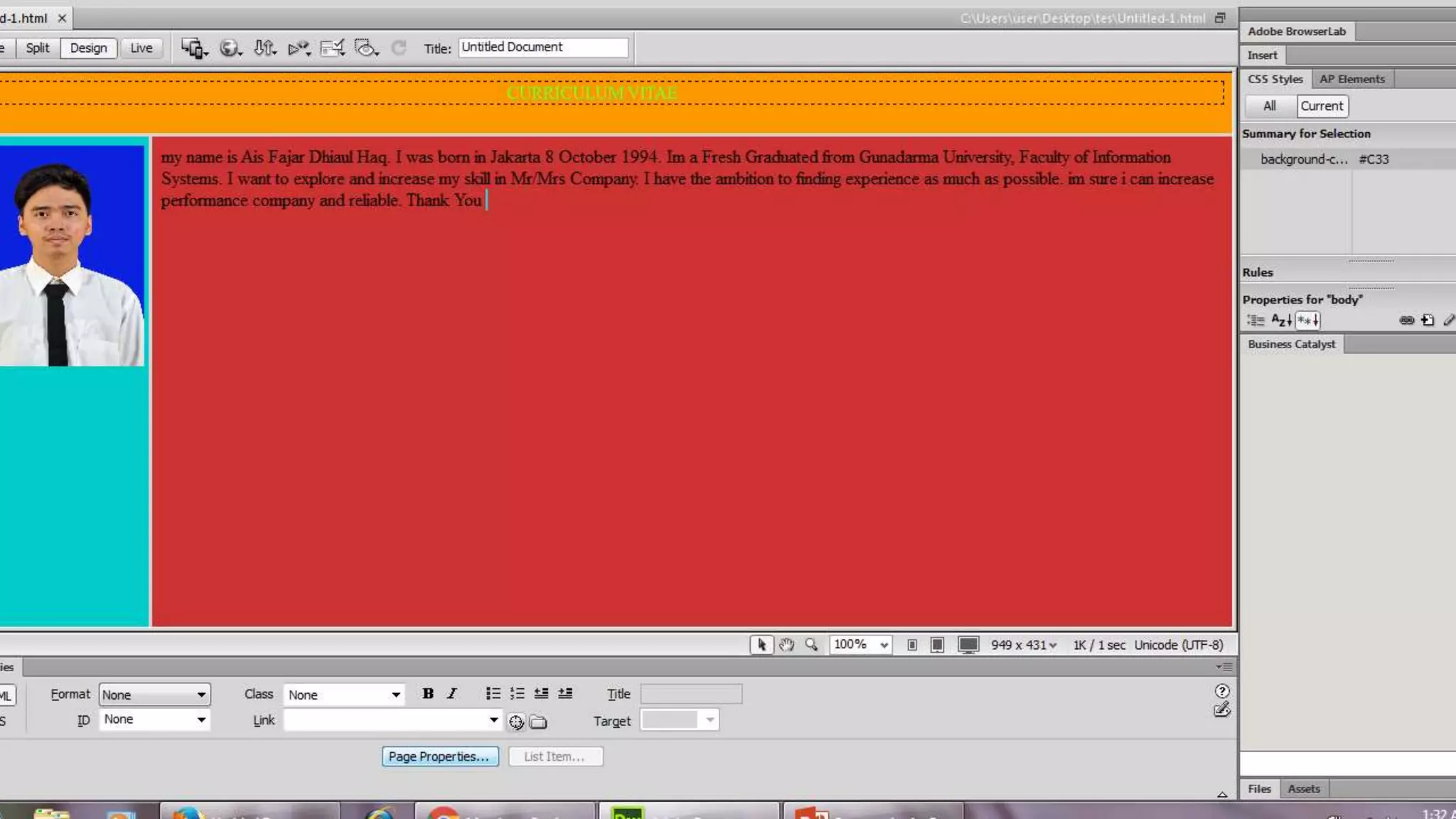 Pembuatan cv dengan menggunakan html dreamweaver | PPTX