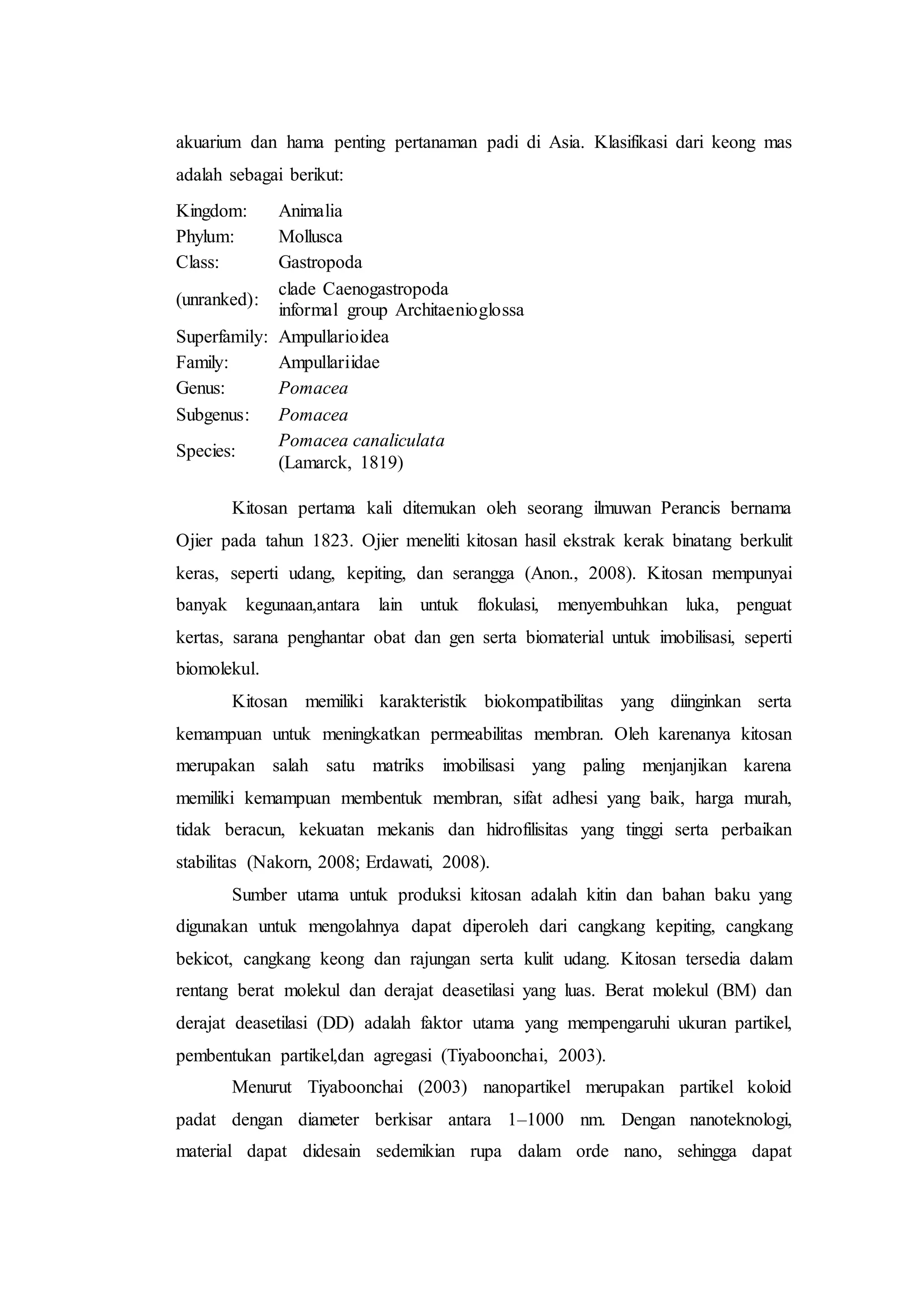 Pembuatan nano partikel kitosan dengan keong mas | PDF