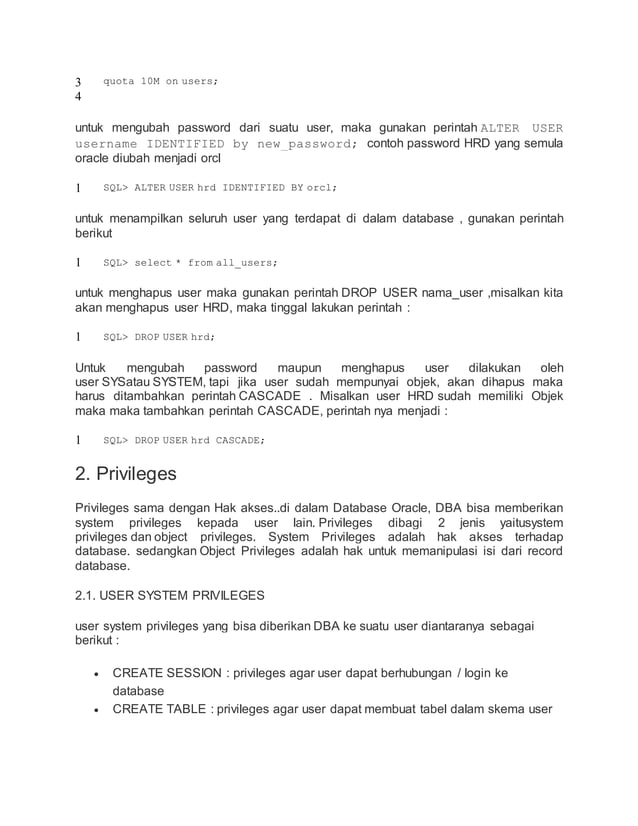 Pembuatan user di oracle | PDF