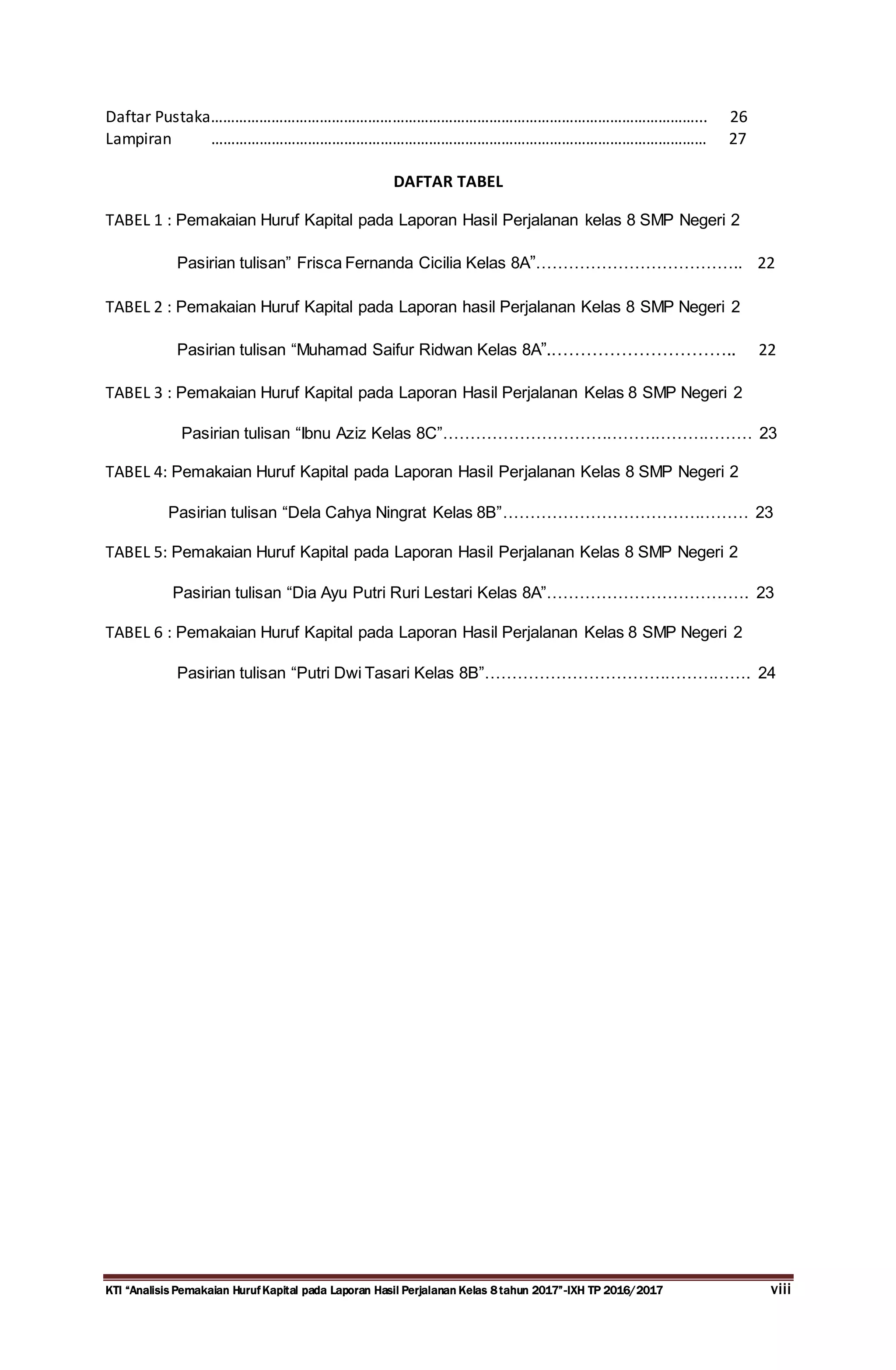 Pembuka ANALISIS PENGGNAAN HURUF KAPITAL PADA HASIL LAPORAN PERJALANAN KELAS 8 TP 2016/2017 SMP ...
