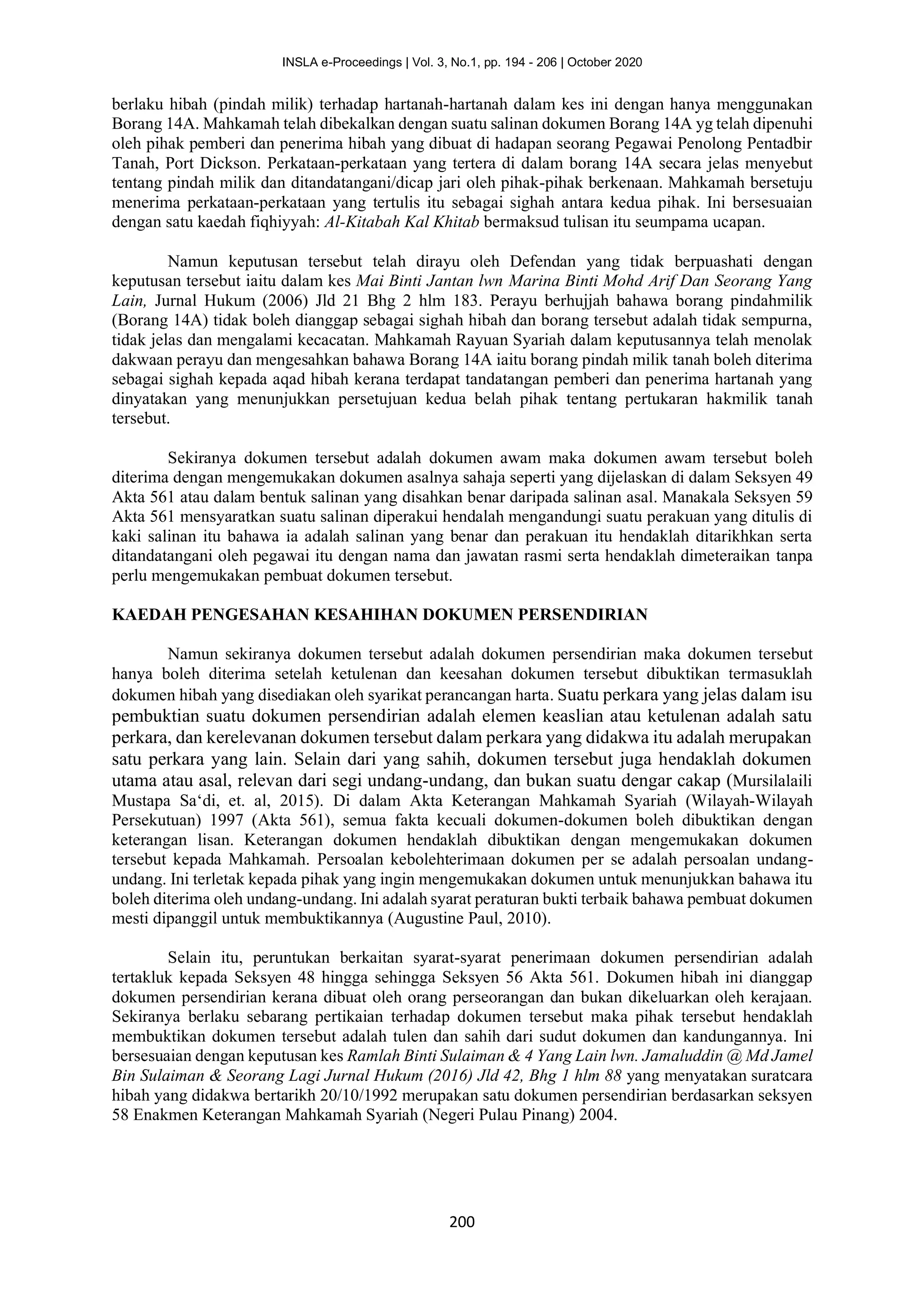 PEMBUKTIAN MELALUI DOKUMEN DALAM KES-KES PENGESAHAN HIBAH DI MAHKAMAH SYARIAH DI MALAYSIA | PDF