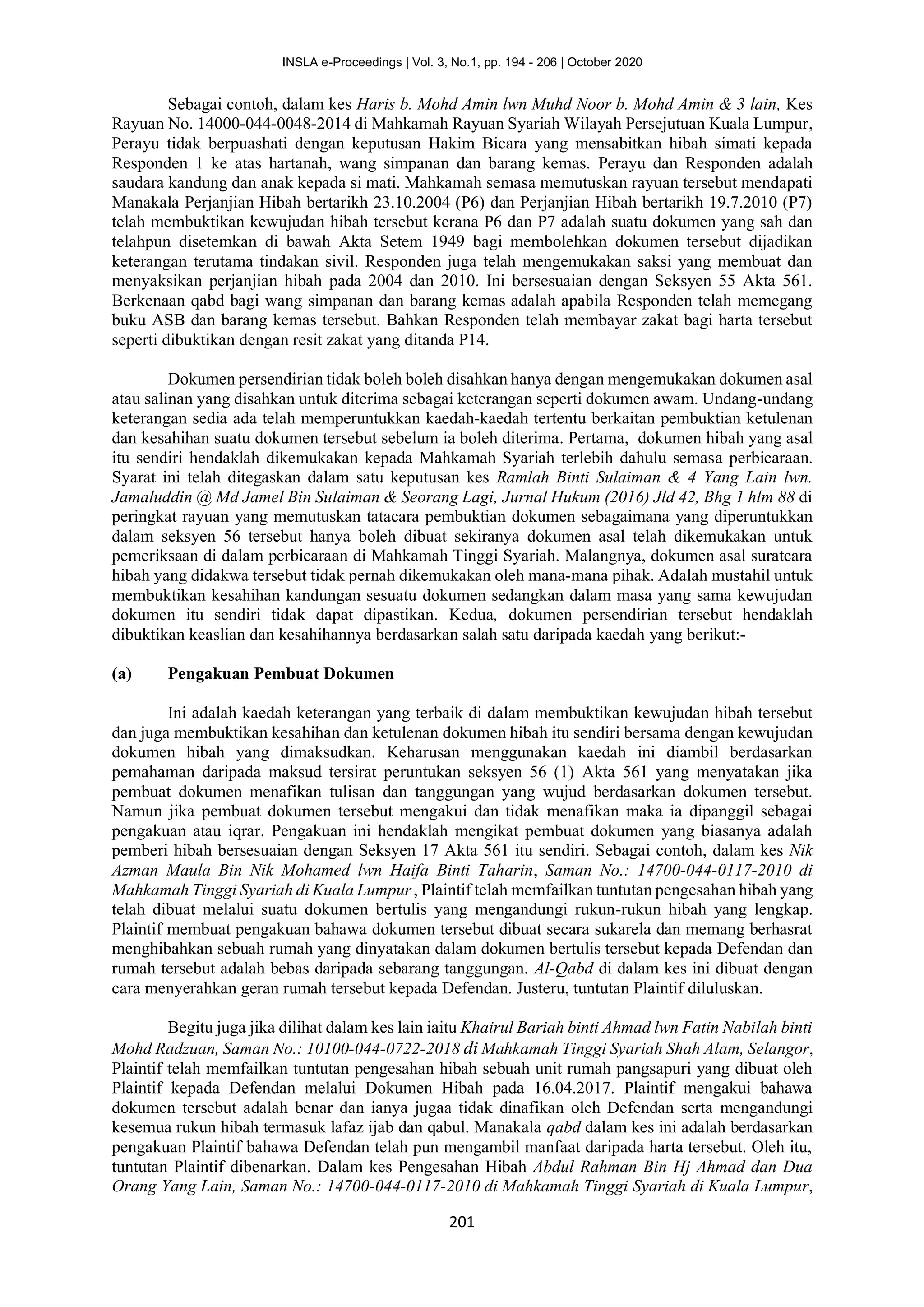 PEMBUKTIAN MELALUI DOKUMEN DALAM KES-KES PENGESAHAN HIBAH DI MAHKAMAH SYARIAH DI MALAYSIA | PDF