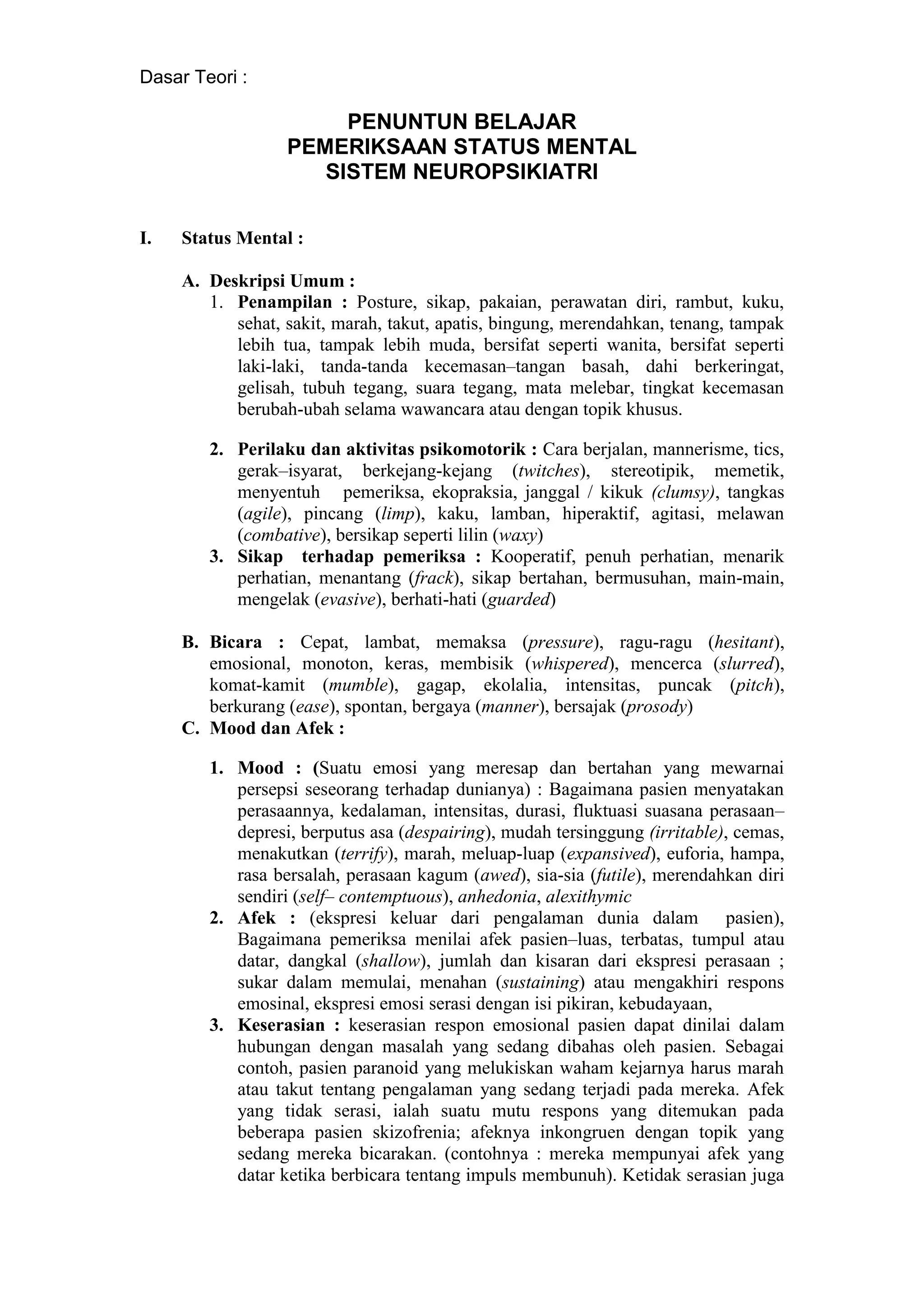 Pemeriksaan status-mental jiwa | PDF