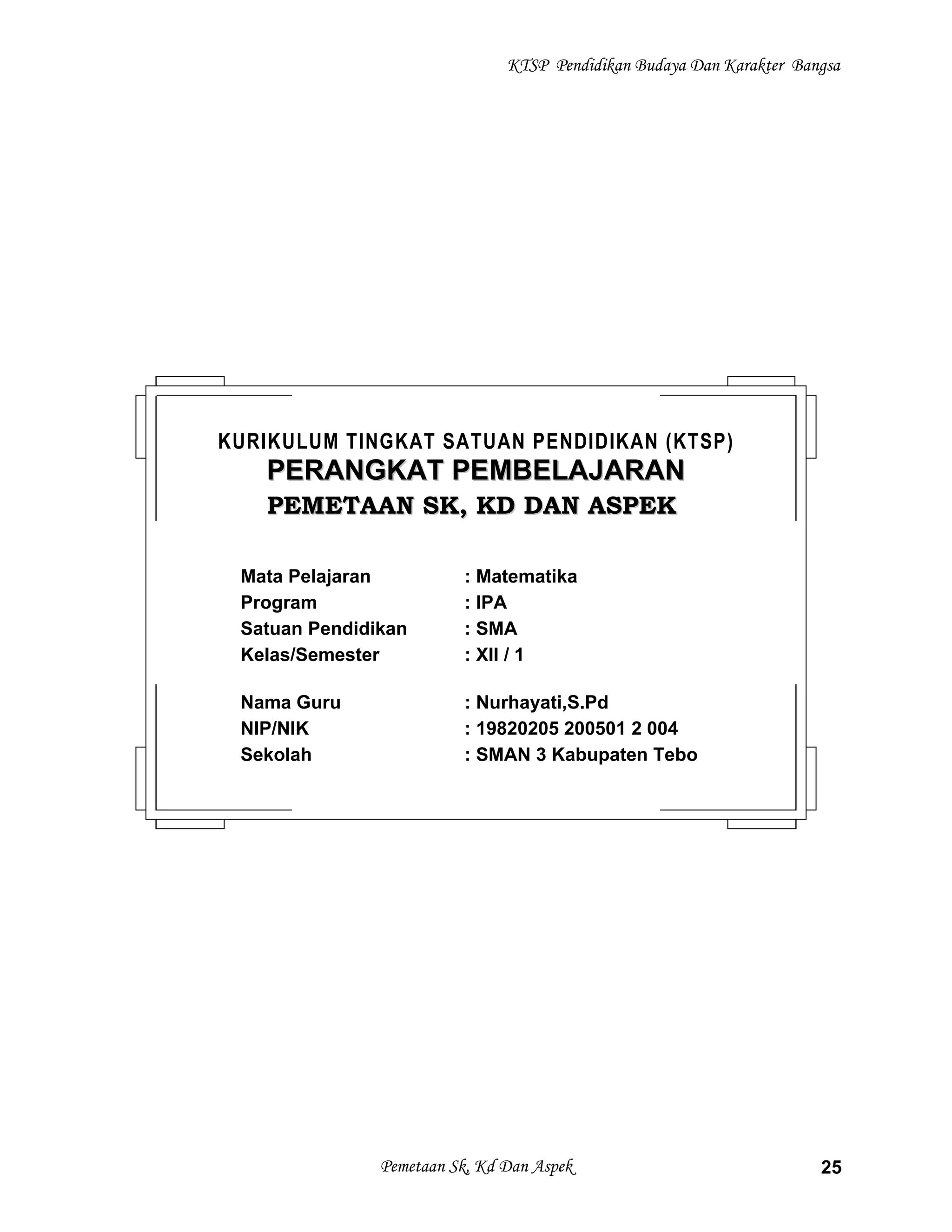 Pemetaan sk-kd-matematika-kelas-xii-ipa-semester-1 nurhayati sma 3 | PDF