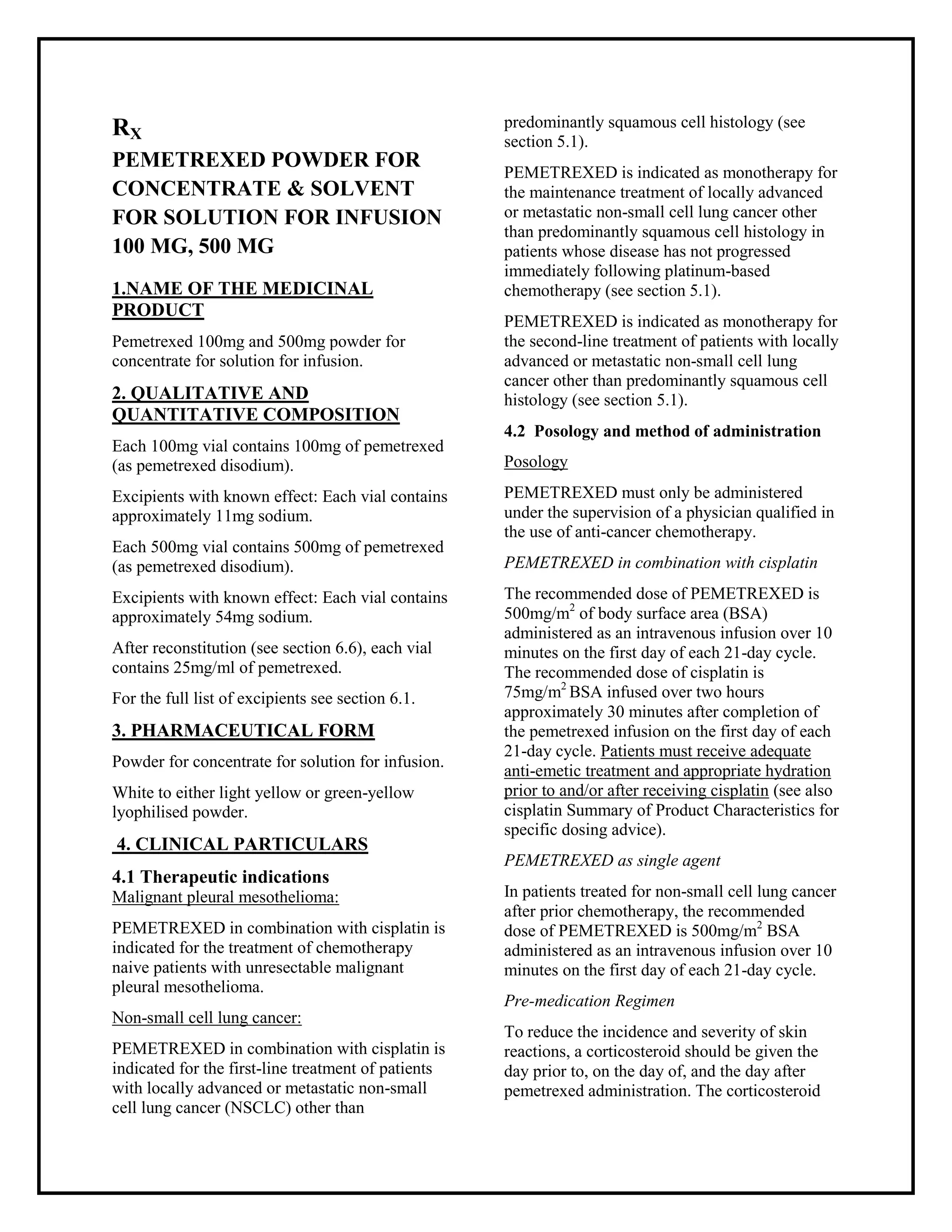 Pemetrexed 100mg and 500mg powder for concentrate for solution for ...