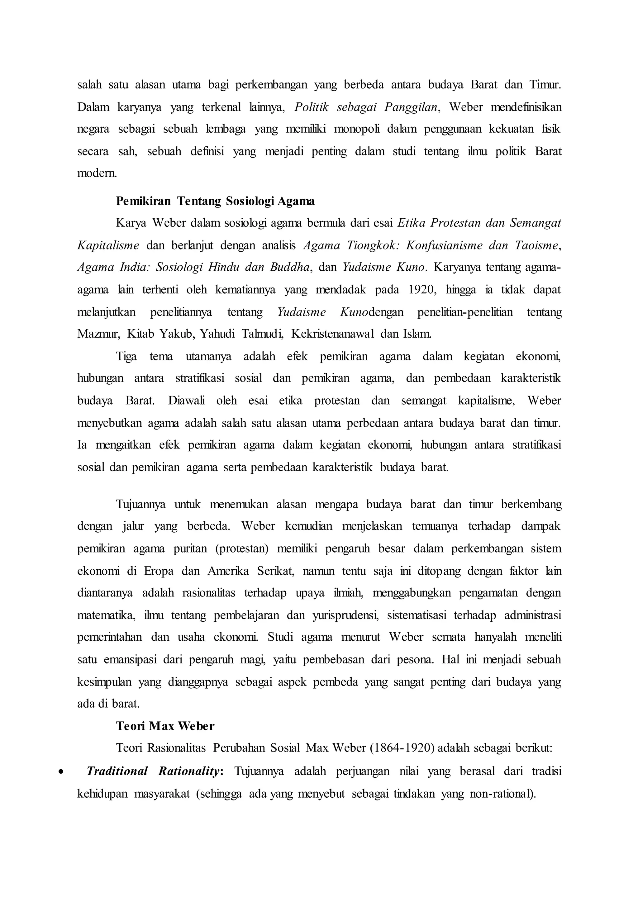 Pemikiran max weber tentang agama | DOCX
