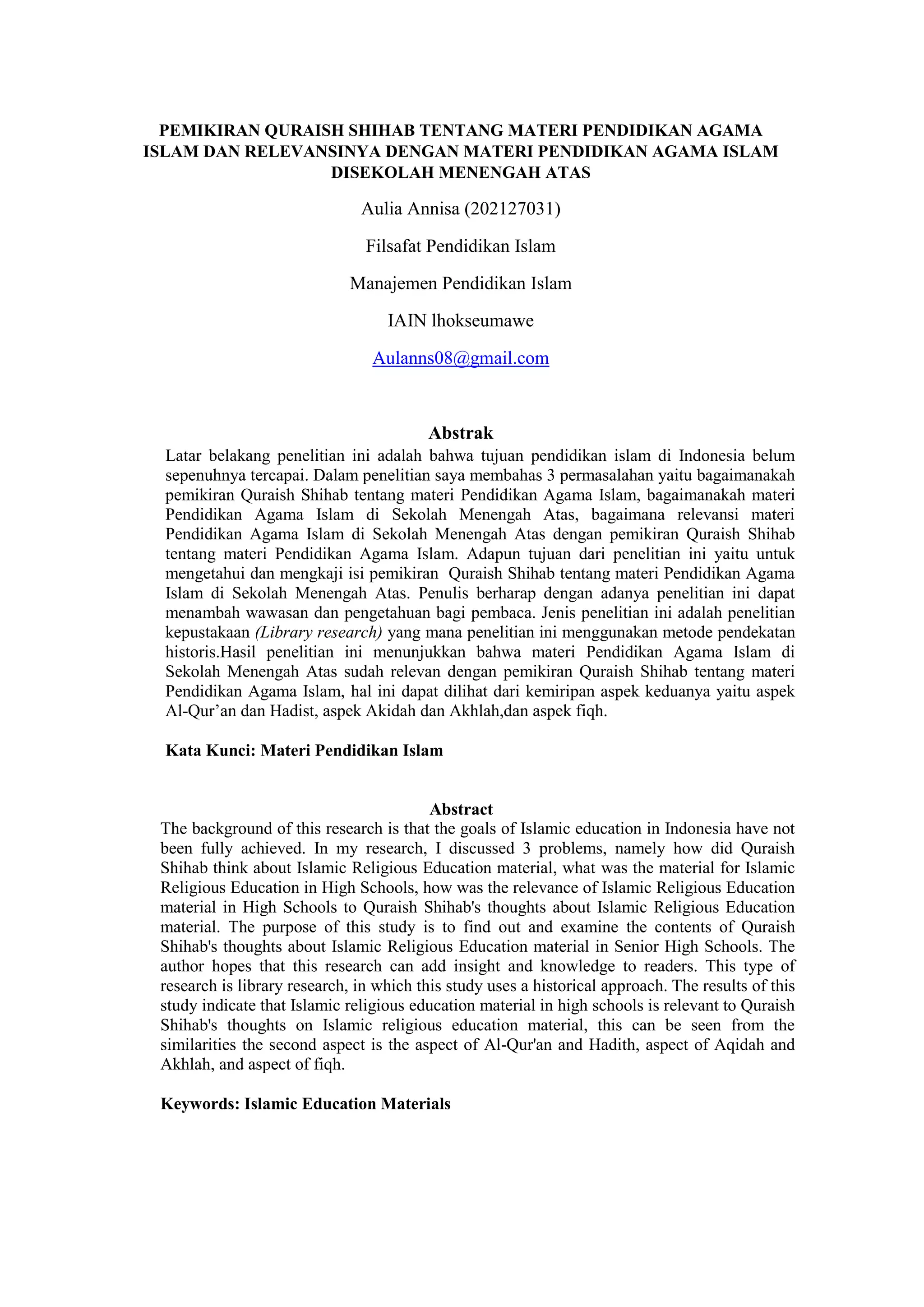 PEMIKIRAN QURAISH SHIHAB TENTANG MATERI PENDIDIKAN AGAMA ISLAM DAN RELEVANSINYA DENGAN MATERI ...