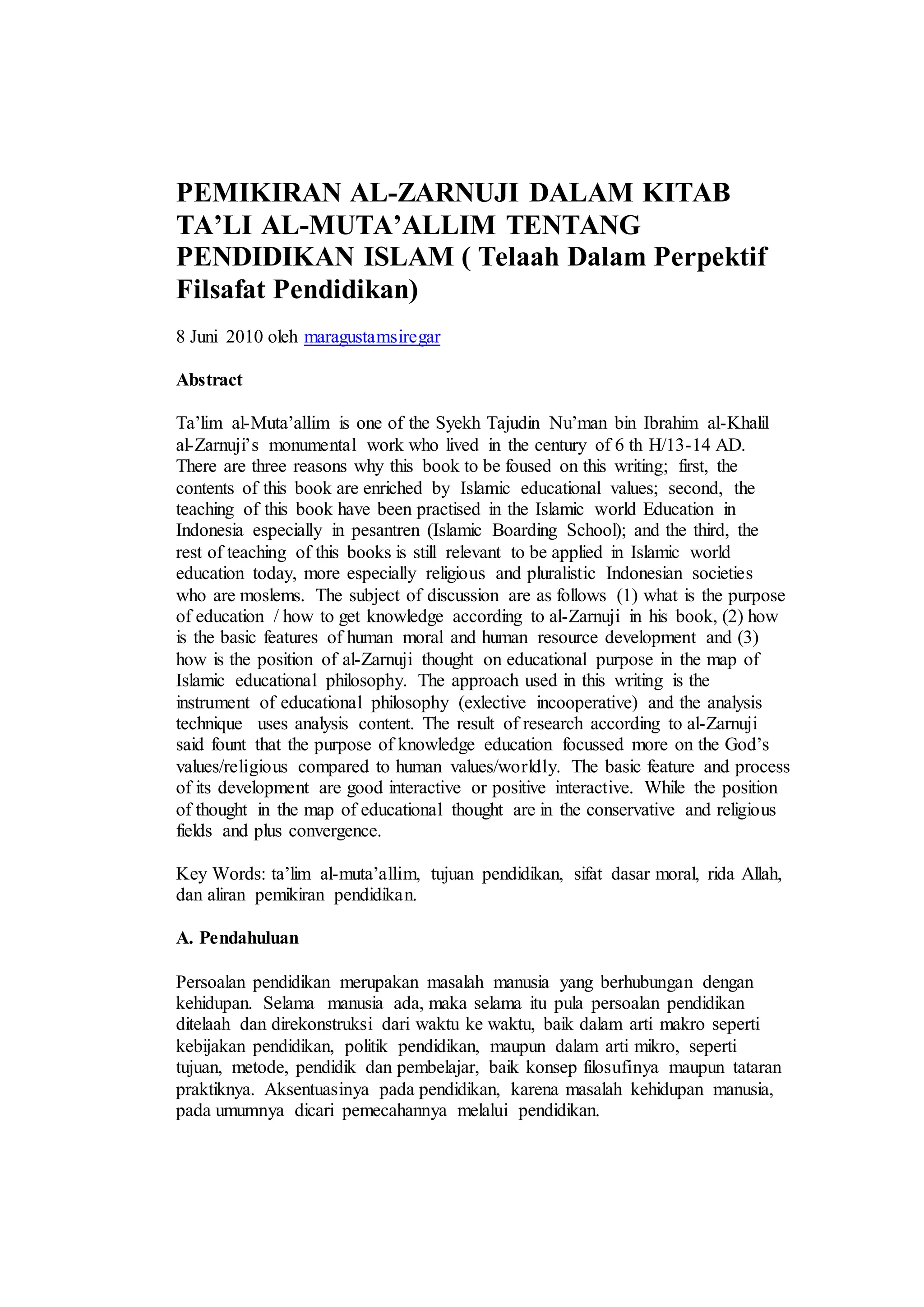 Pemikiran syekh al zarnuji | PDF