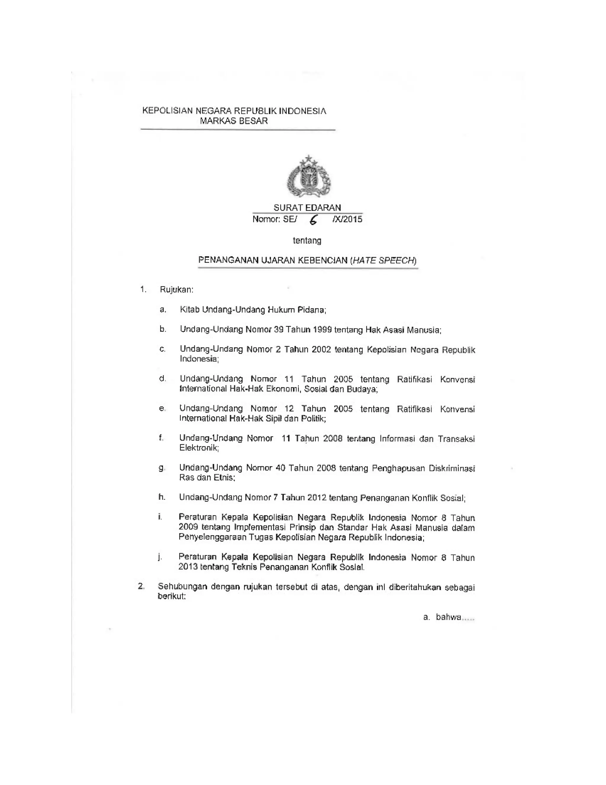Surat Edaran KAPOLRI (SE) Nomor SE/6/X/2015 | DOC