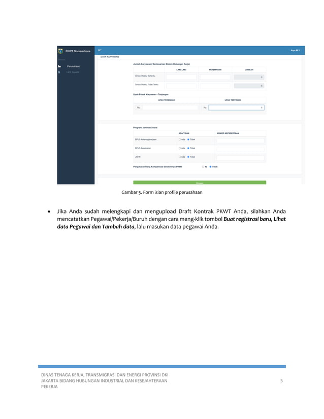 Pendaftaran E-PKWT Disnakertrans (User Manual Untuk Perusahaan) | PDF