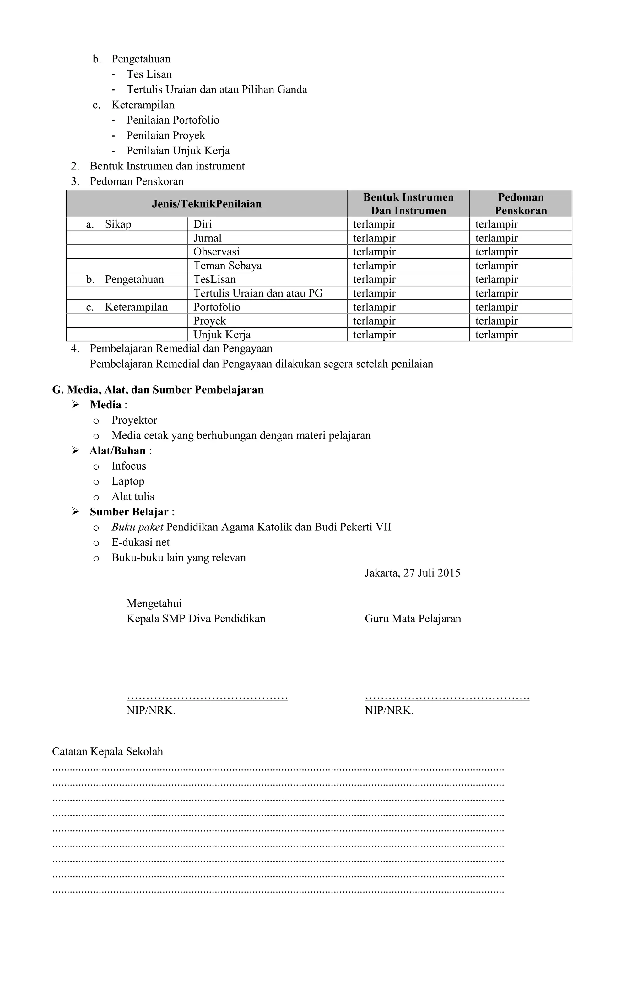 RPP Pendidikan Agama Katolik dan Budi Pekerti SMP Kelas VII | PDF
