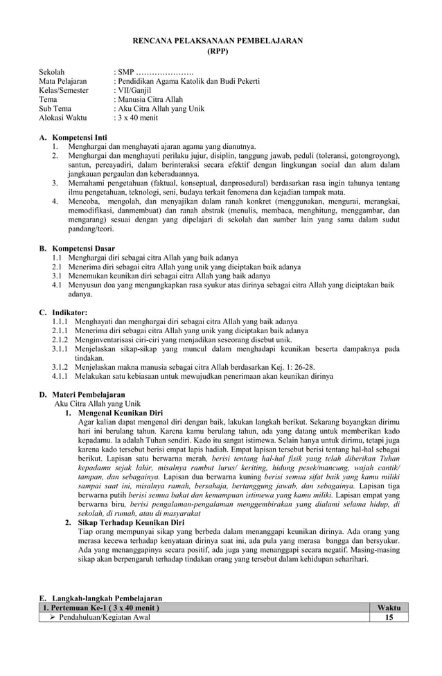 RPP Pendidikan Agama Katolik dan Budi Pekerti SMP Kelas VII | PDF